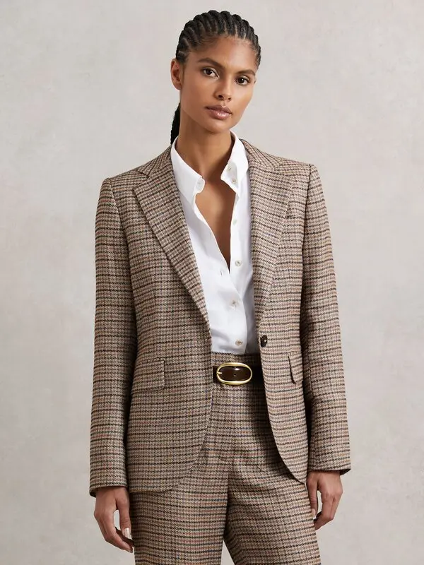 REISS River Single-breasted Check Suit Blazer With Linen