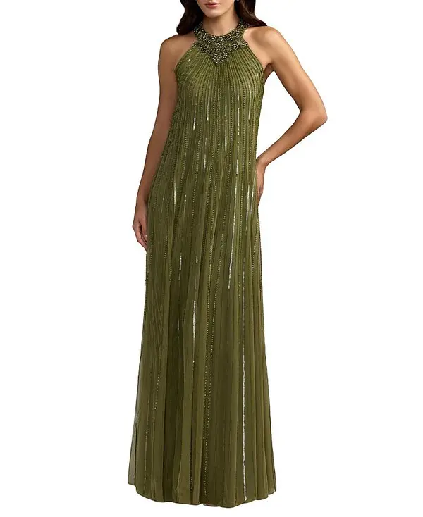 Mac Duggal Sleeveless Embellished Halter Neck Gown - Olive