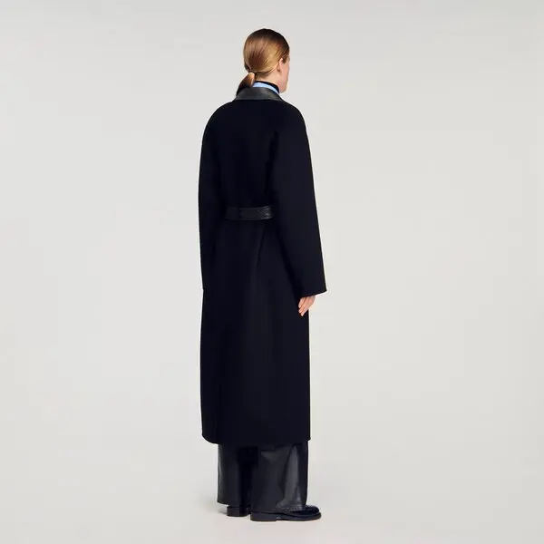 Sandro Long Wool And Leather Trench Coat - Black