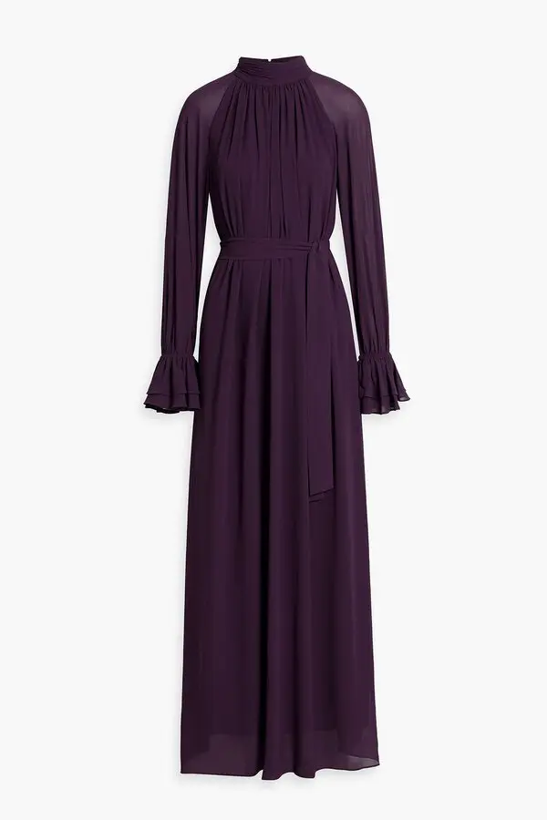MIKAEL AGHAL Gathered Chiffon Maxi Gown With Waist Tie - Violet