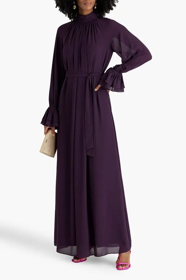 MIKAEL AGHAL Gathered Chiffon Maxi Gown With Waist Tie - Violet