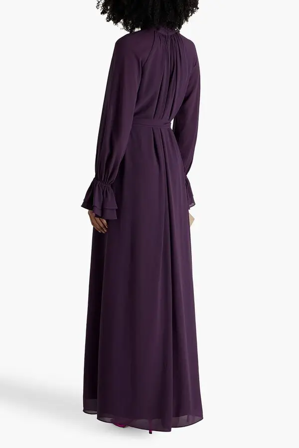 MIKAEL AGHAL Gathered Chiffon Maxi Gown With Waist Tie - Violet