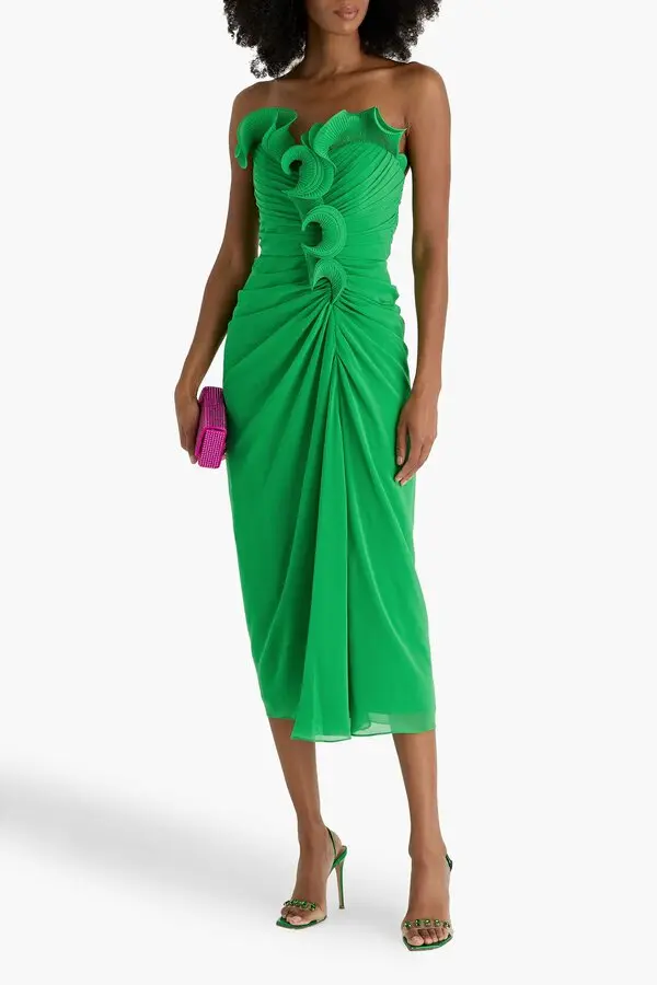 Badgley Mischka Strapless Ruffled Pliss-Georgette Midi Dress In Green -  50% Off | Editorialist
