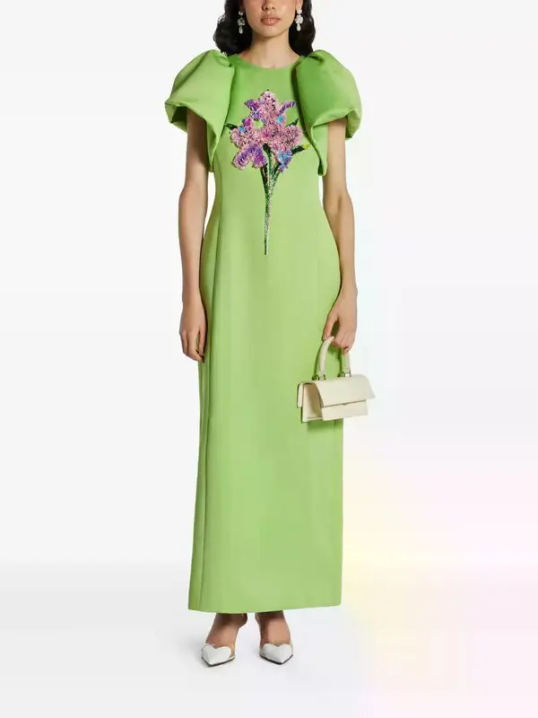 Leo Lin Lucinda Puff-Sleeve Floral-Embellished Maxi Dress - Green |  Editorialist