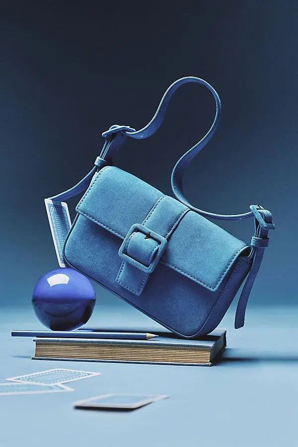 Anthropologie Fiona Suede Buckle Shoulder Bag - Ceramic Blue