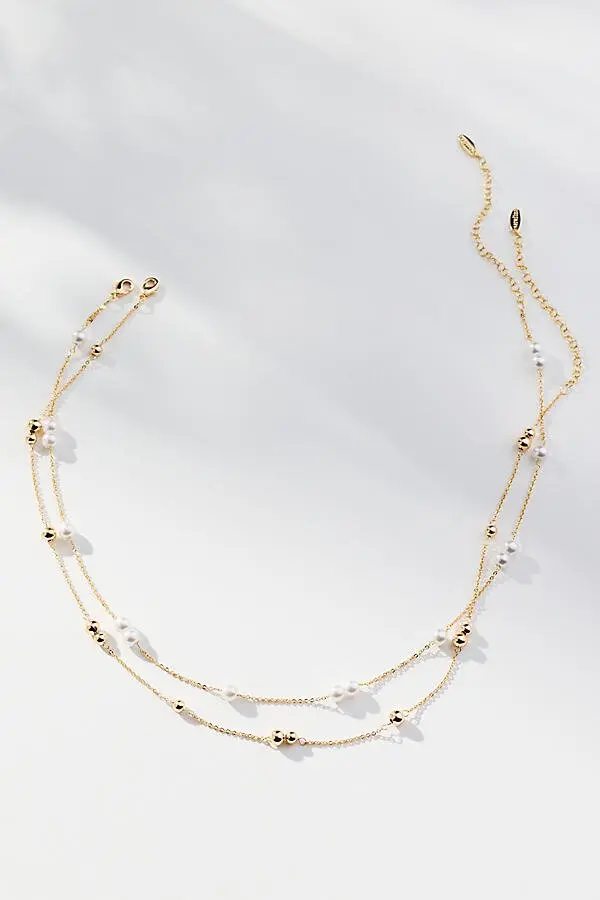 Anthropologie Set Of Two Delicate Pearl Bead Necklaces - Gold
