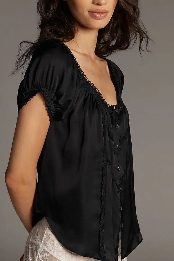 Anthropologie Amber Short-sleeve Silky Top - Black