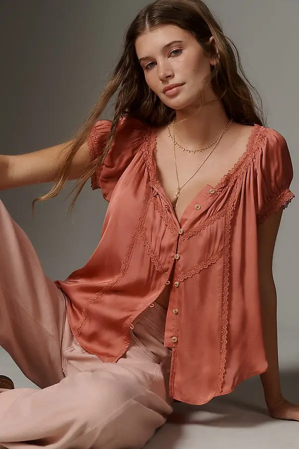 Anthropologie Amber Short-sleeve Silky Top - Dried Coral