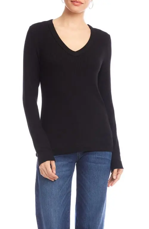 Karen Kane V-neck Ribbed Long Sleeve Top - Black