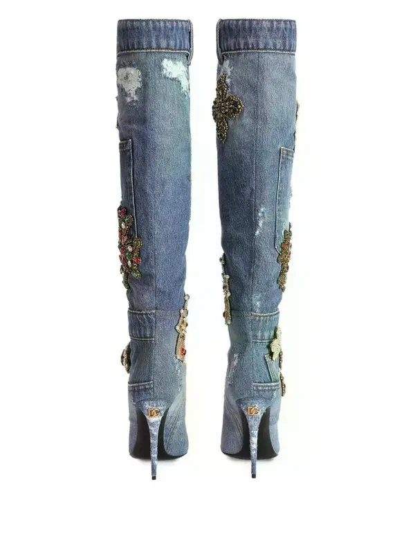 Dolce & Gabbana 105mm Embroidered Patchwork Denim Boots - Blue