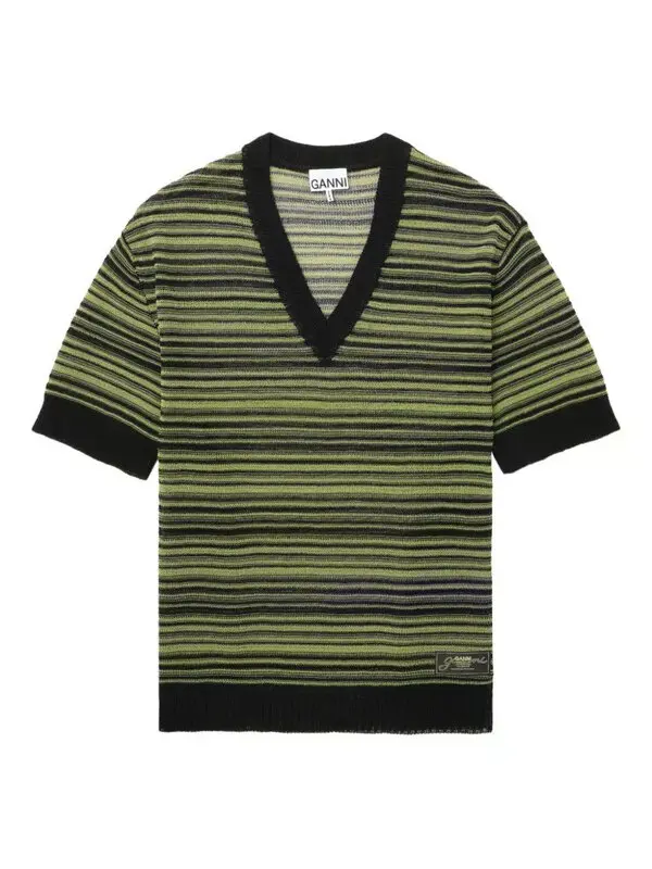 GANNI Striped V-neck T-shirt