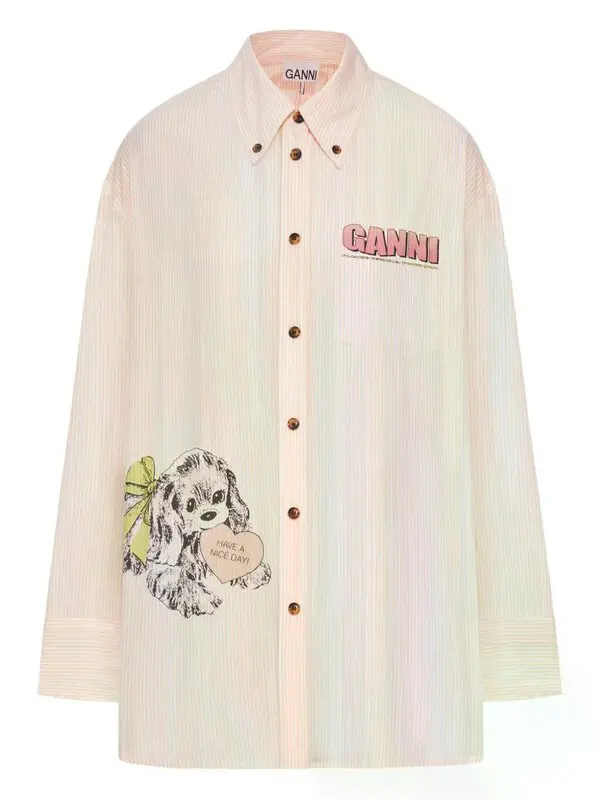 GANNI Stripe Dog-print Shirt - Neutrals