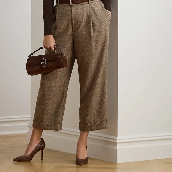 Ralph Lauren Glen Plaid Pleated Cropped Pant - Brown/cinnamon/taupe