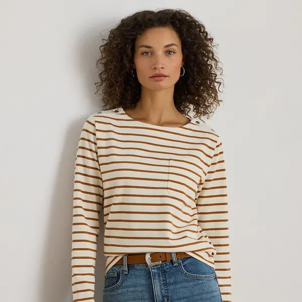 Ralph Lauren Striped Jersey Boatneck Top With Snap Trim - Mascarpone Cream/cinnamon