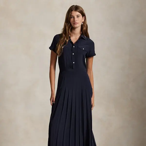 Ralph Lauren Silk Crepe Pleated Shirtdress