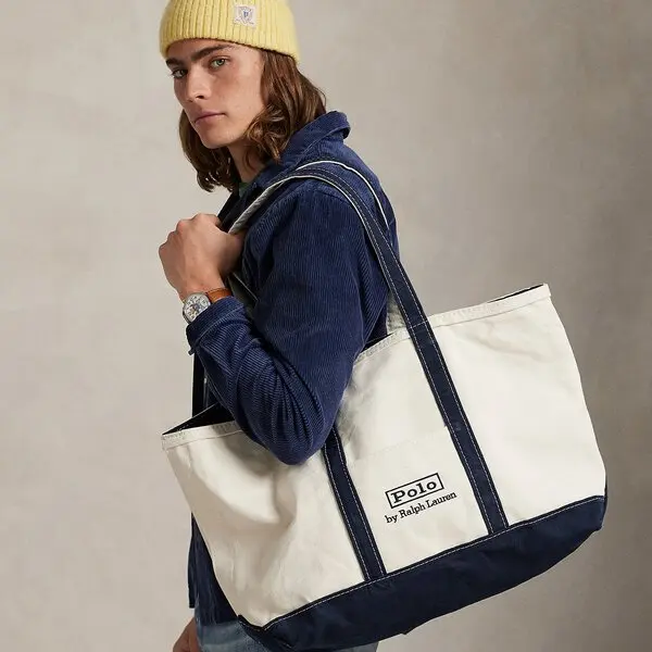 Ralph Lauren Logo Canvas Medium Tote - Cream/navy