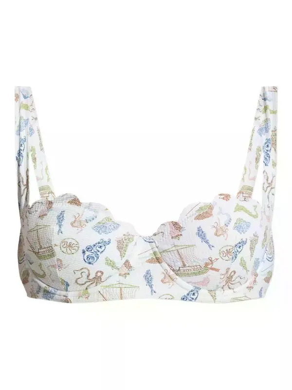 Marysia North Scallop-edge Cameo-print Bikini Top - White