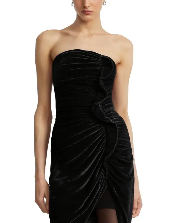 Bcbgmaxazria Strapless Velvet Ruffle Dress - Black