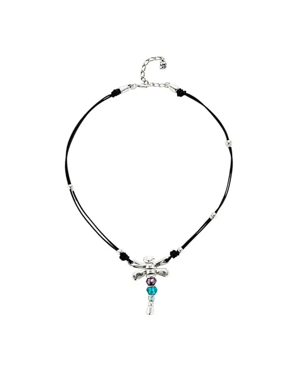 UNODE50 Sterling -plated Dragonfly Leather Necklace With Crystals - Silver