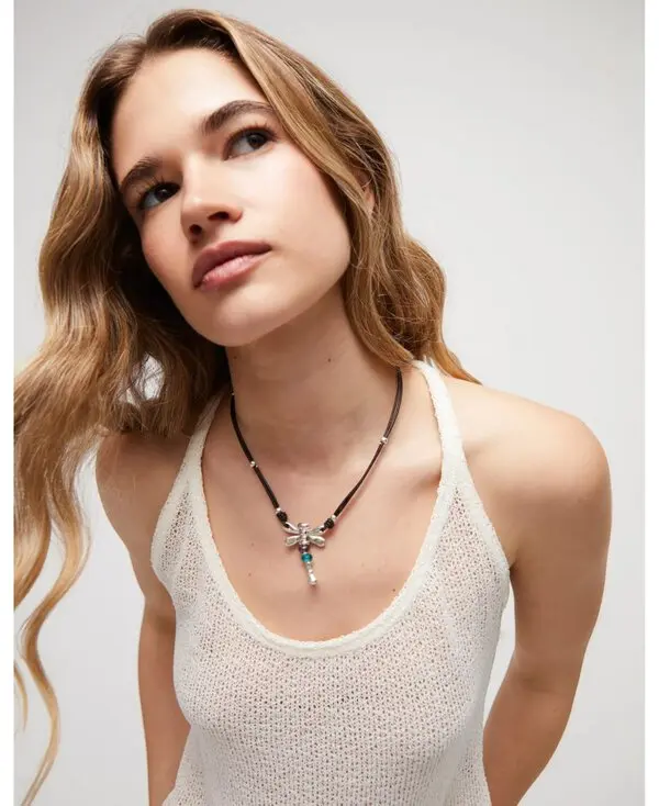 UNODE50 Sterling -plated Dragonfly Leather Necklace With Crystals