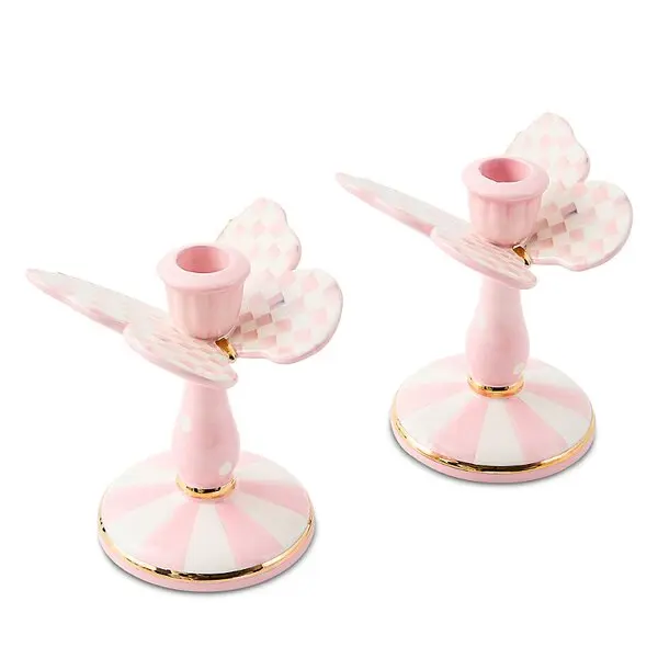 MACKENZIE-CHILDS Rosy Check Tall Butterfly Candlesticks, Set Of 2 - No Color