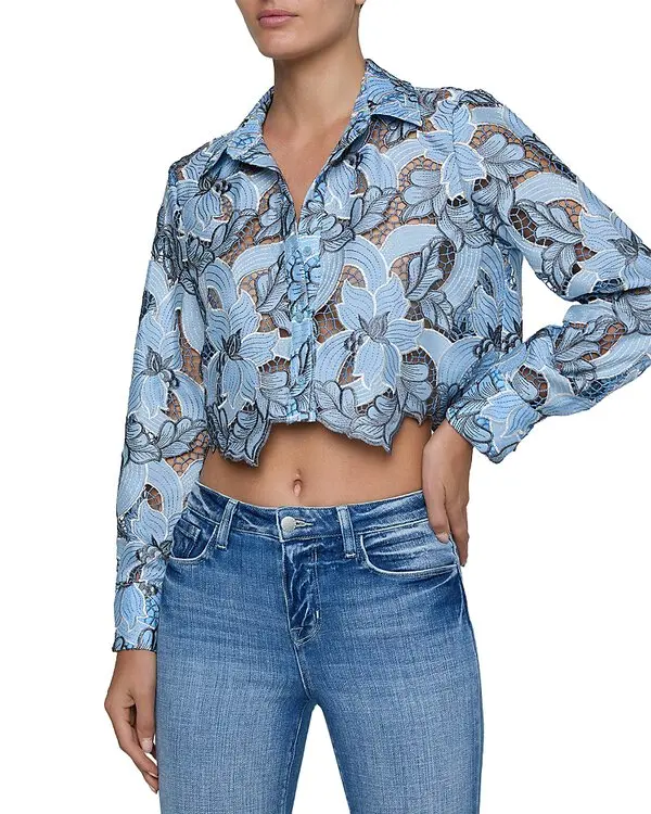 L'Agence Akemi Cropped Button Down Blouse - Blue Multi
