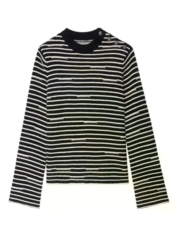 Zadig&Voltaire Spiky Striped Button-detailed Wool-cashmere Blend Sweater - Black