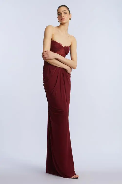 Bcbgmaxazria Lace And Jersey Strapless Gown - Cabernet