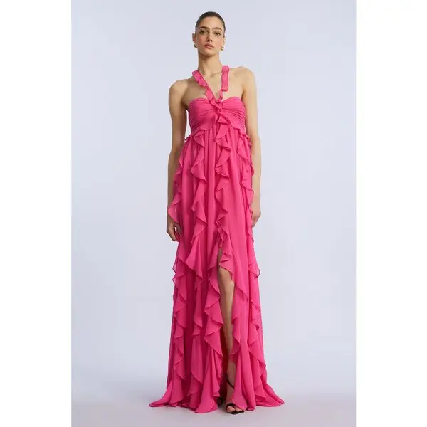 Bcbgmaxazria Ruffle Chiffon Halter Gown
