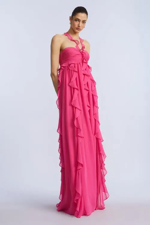 Bcbgmaxazria Ruffle Chiffon Halter Gown