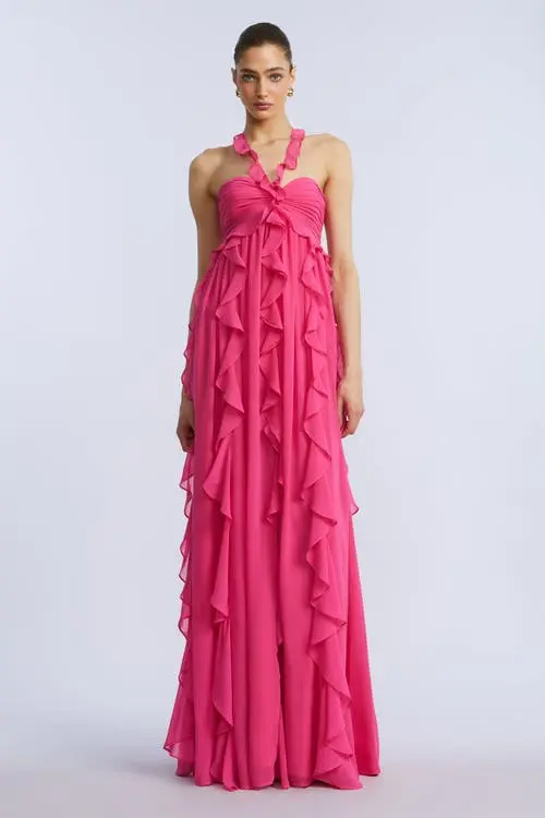 Bcbgmaxazria Ruffle Chiffon Halter Gown