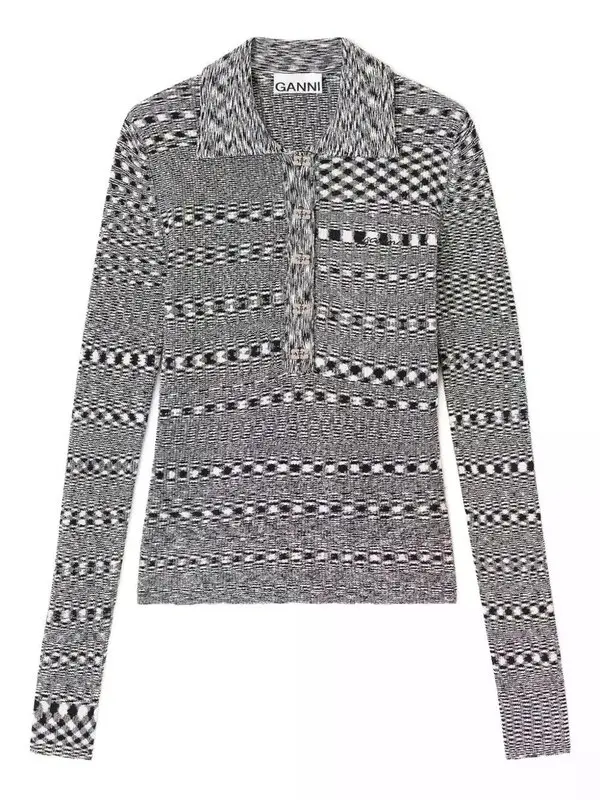 GANNI Space-dye Check Polo Neck Top