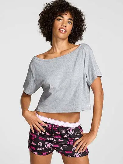 Pink Slouchy Cropped Sleepshirt - Grey