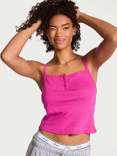 Pink Cotton Henley Cami - Pink