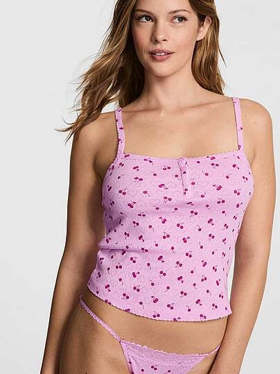 Pink Cotton Henley Cami - Print