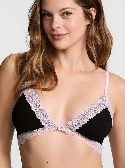 Pink Cotton Lace-trim Front-close Triangle Bralette - Black