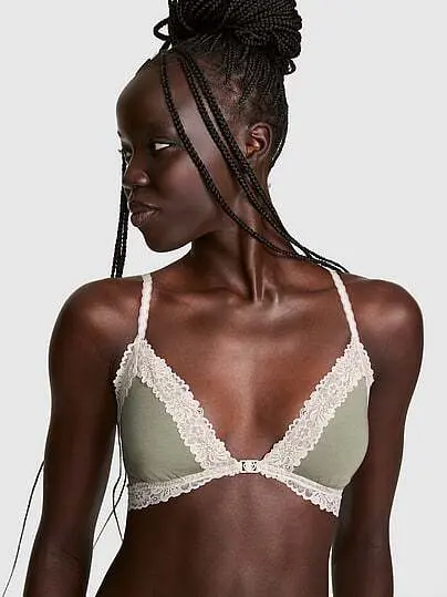Pink Cotton Lace-trim Front-close Triangle Bralette - Green