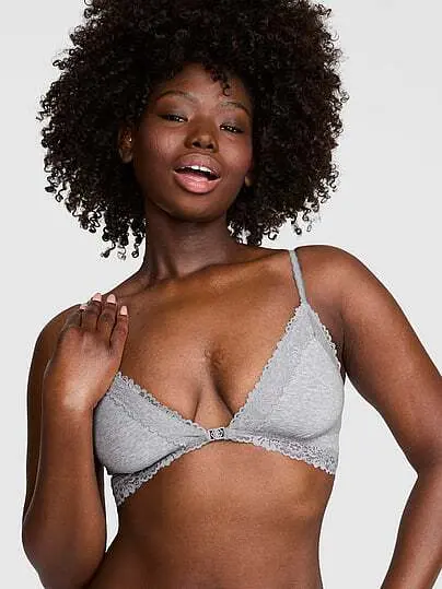 Pink Cotton Lace-trim Front-close Triangle Bralette - Grey