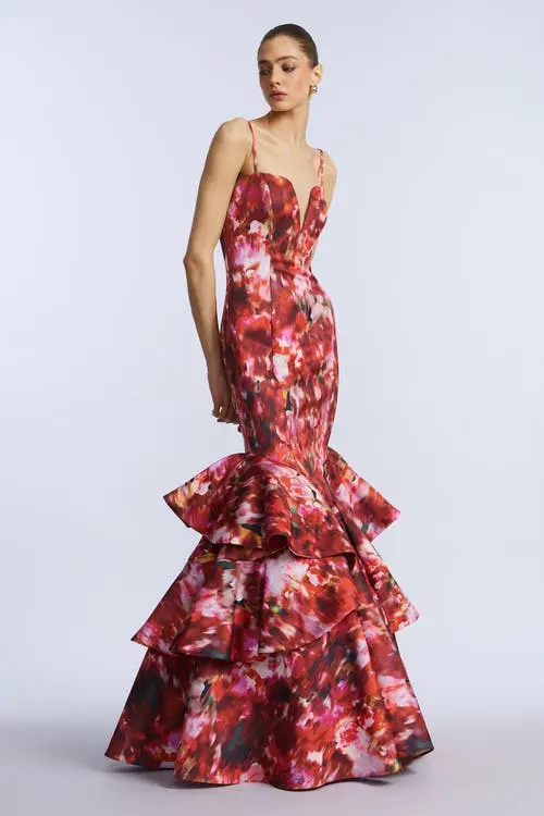 Bcbgmaxazria Printed Mikado Ruffle Ball Gown