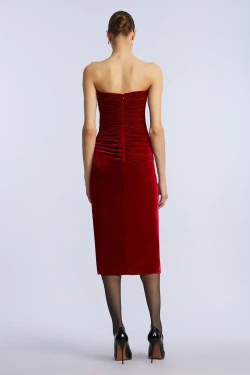 Bcbgmaxazria Strapless Velvet Ruffle Midi Dress