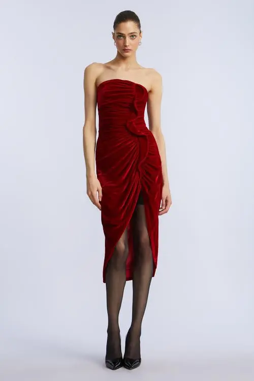 Bcbgmaxazria Strapless Velvet Ruffle Midi Dress