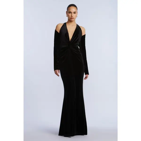 Bcbgmaxazria Long Sleeve Halter Velvet Gown