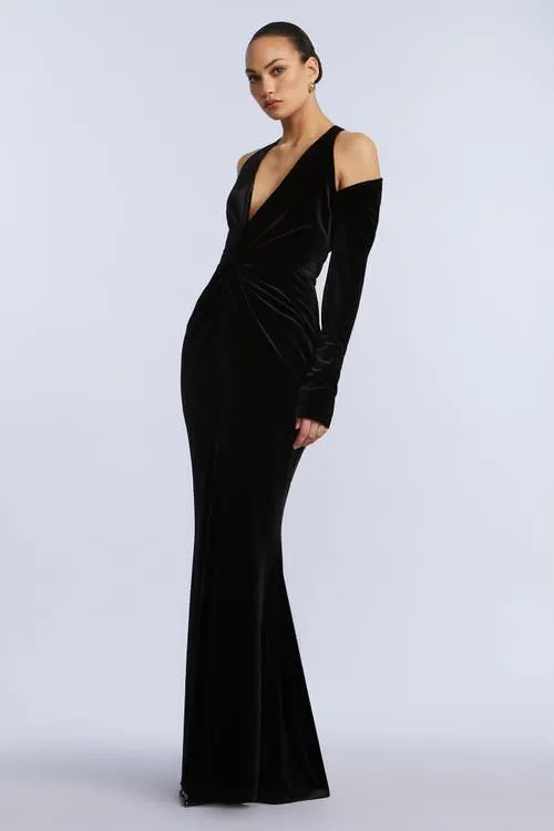 Bcbgmaxazria Long Sleeve Halter Velvet Gown
