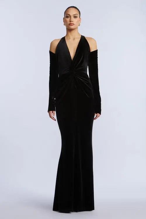 Bcbgmaxazria Long Sleeve Halter Velvet Gown