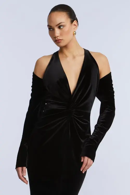 Bcbgmaxazria Long Sleeve Halter Velvet Gown