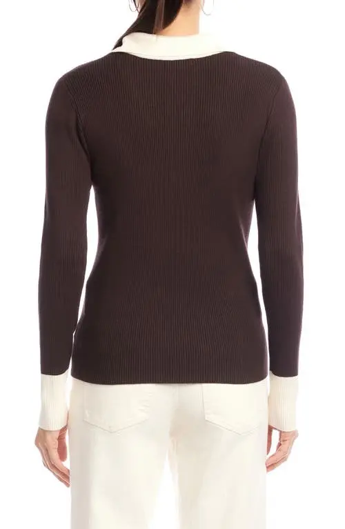 Karen Kane Contrast Rib Polo Sweater - Chocolate W/cream