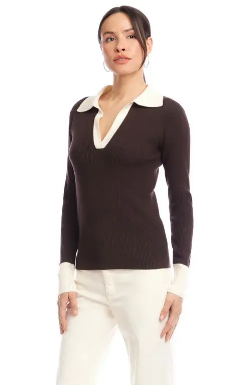 Karen Kane Contrast Rib Polo Sweater - Chocolate W/cream