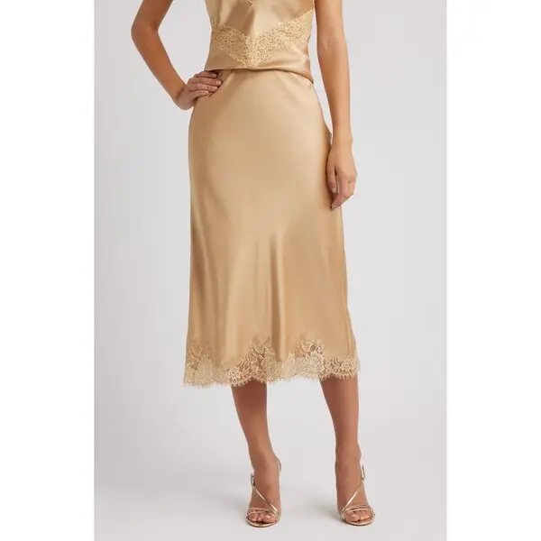 LoveShackFancy Malina Lace Detail Silk Skirt - Camel Charm