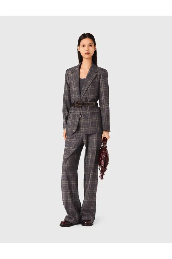 Maje Checkered Belted Suit Jacket - Black / White / Pink / Gray