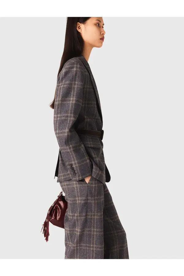 Maje Checkered Belted Suit Jacket - Black / White / Pink / Gray